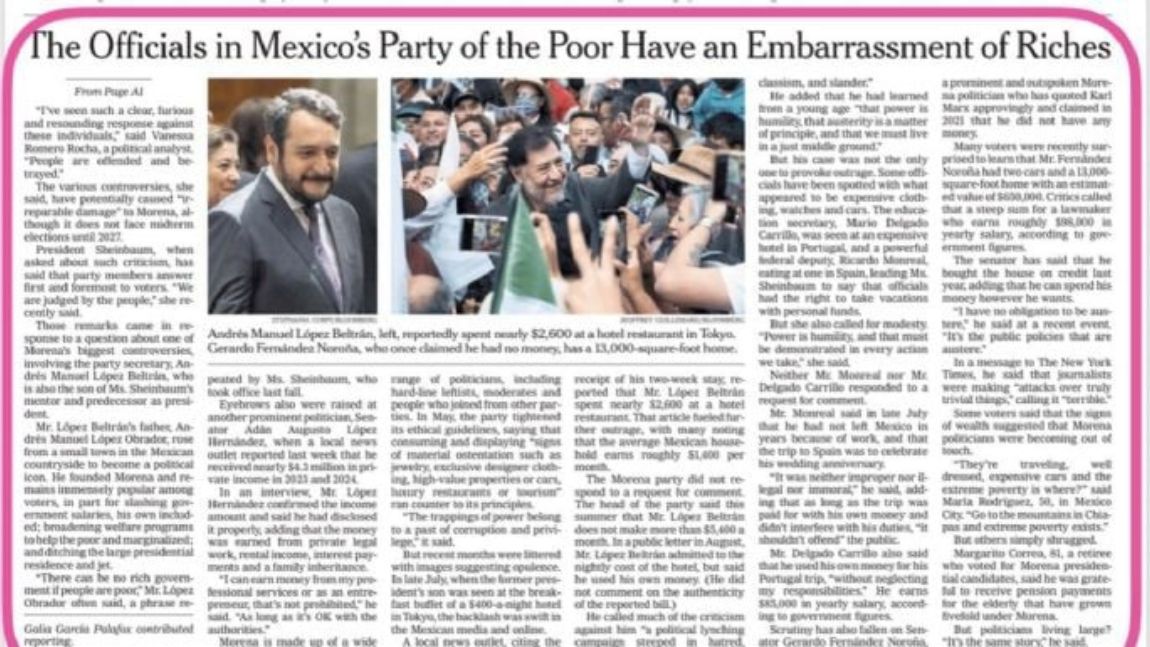 El diario The New York Times destaca los lujos de integrantes de Morena ...